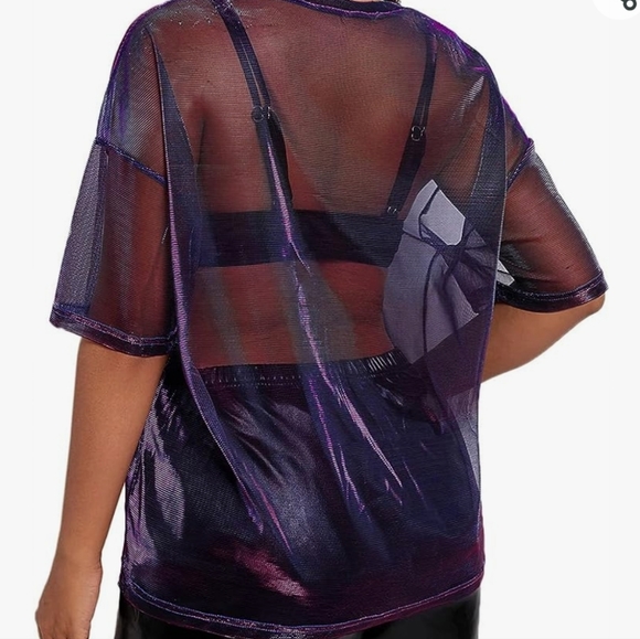 Tops | Purple Metallic Mesh Short Sleeve Sheer Top | Poshmark